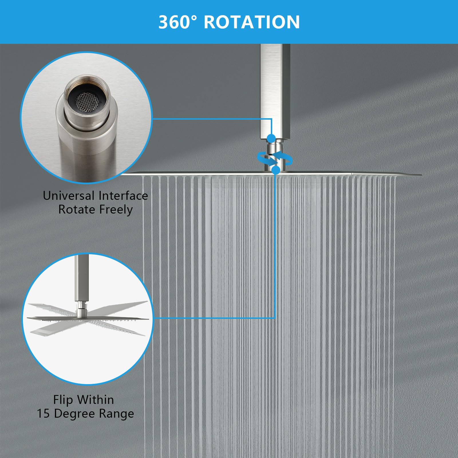 Lordear Gold Rain Shower Head 16 Inch Square Rainfall High Pressure Stainless Steel Rainfall Shower Head 360° Rotation Shower Head Waterfall Showerhead with Silicone Nozzle