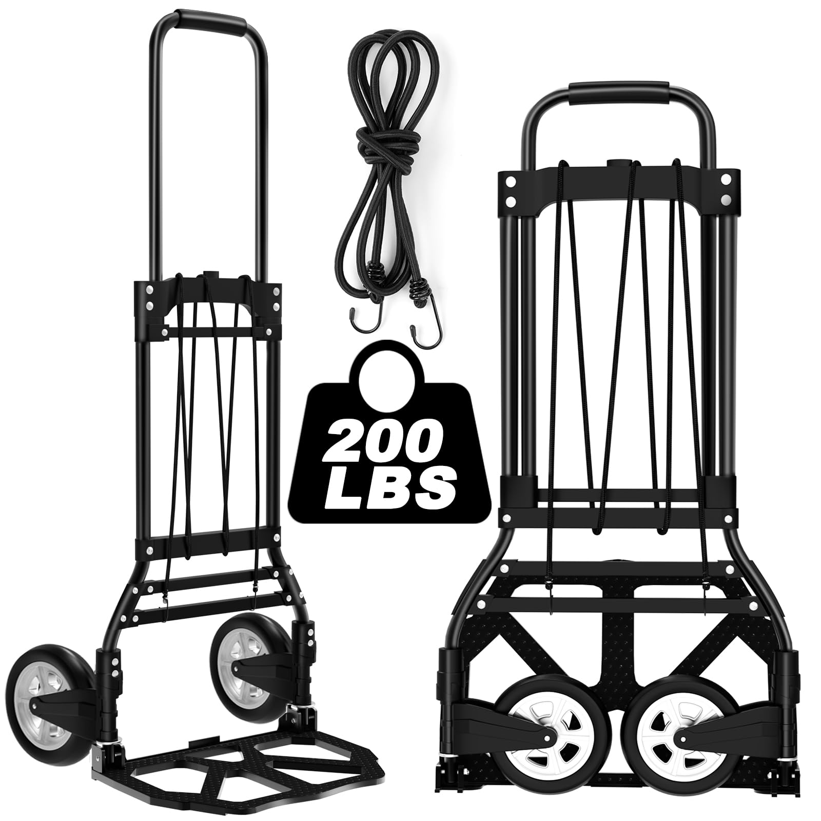 Folding Hand Truck and Dolly, 200 LB Capacity Upgraded Aluminum Dolly Cart, Extended Handle Portable Dolly for Travel, Moving, Shopping, Office Use, Black