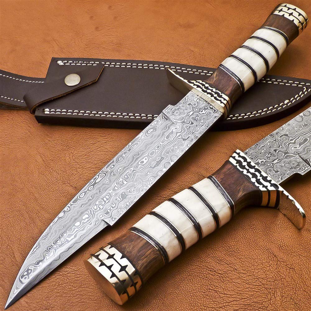 Custom Damascus Hunting Knife Camping Knife With Burl Wood Handle