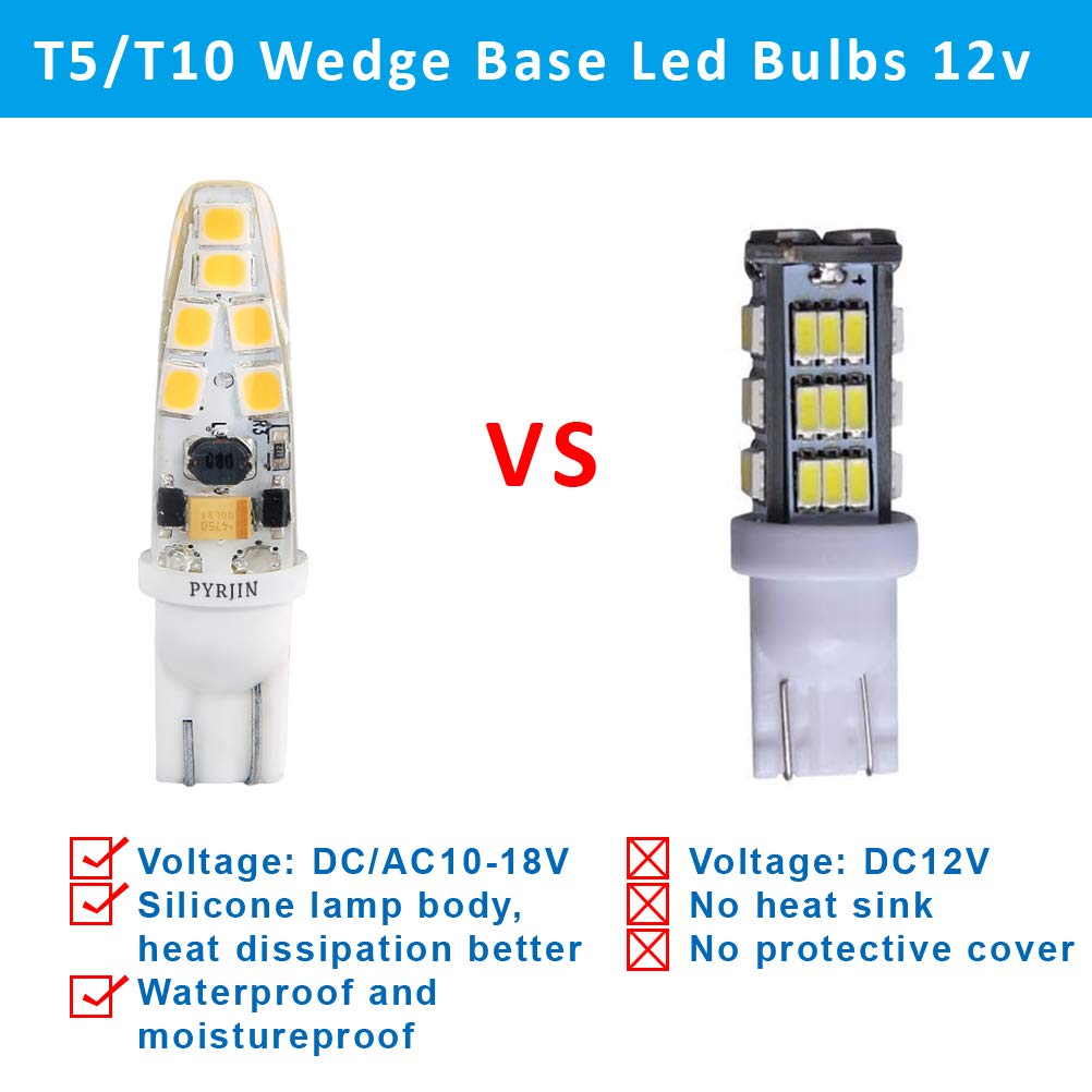 PYJR T10 Wedge Base Led Bulbs 12v Low Voltage Landscape, Ac/Dc 12V, 2W 200Lm, 3000K Warm White, for Landscape Pathway Lighting, Deck Stair, Step, and Automotive Rv Lights. (Pack of 5)