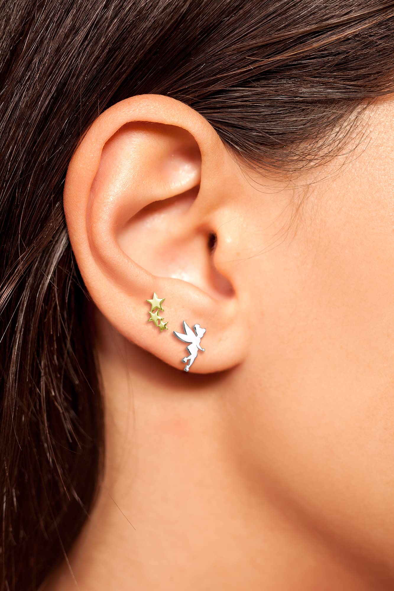 Disney Tinkerbell Earrings, 2 Pairs Stud Earring Set, Sterling Silver Fairy and Stars, Official Licensed Jewelry for Women