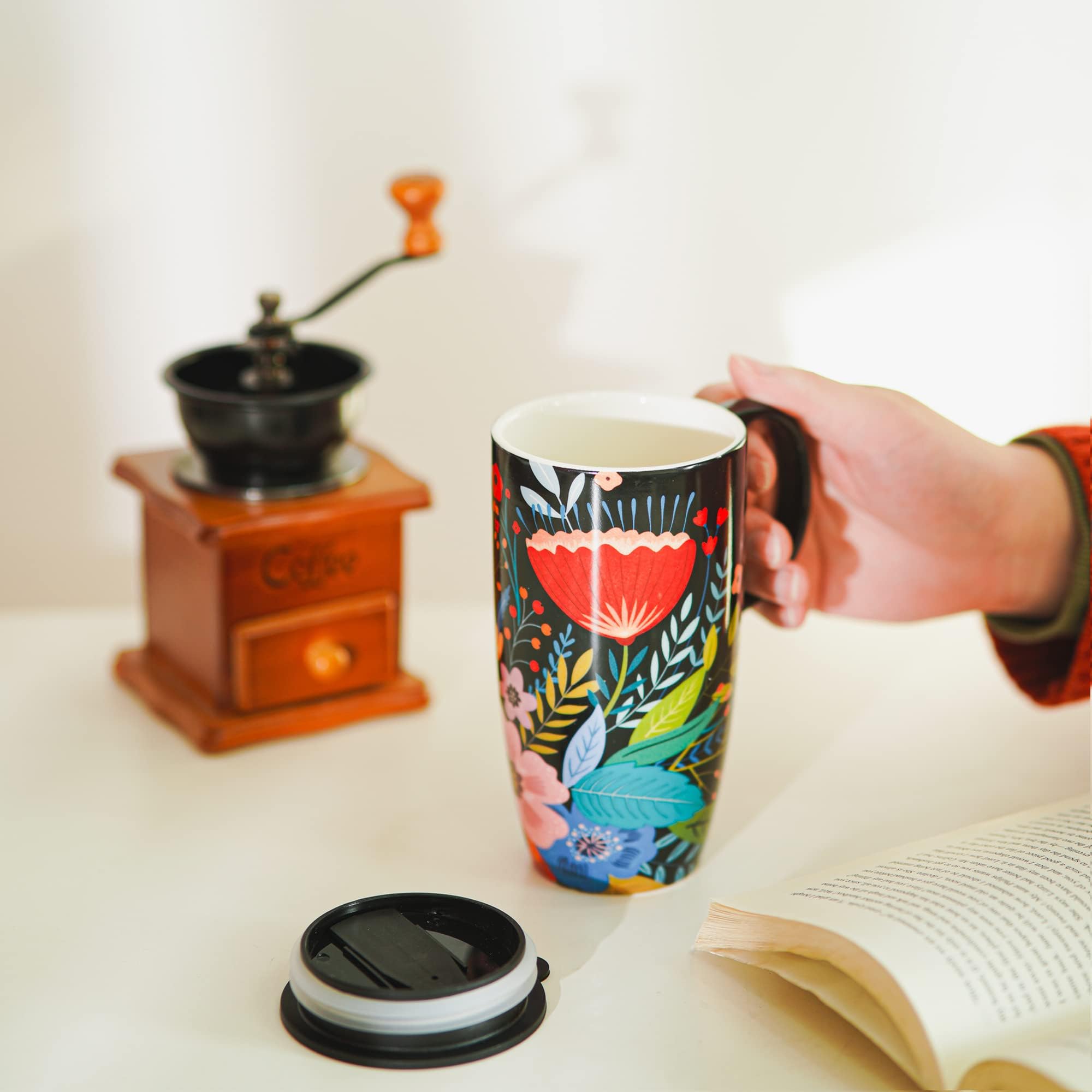 DUSVALLY Ceramic Mug Large Coffee Cup Tall Mugs Porcelain Latte Tea Cup with Lid and Color Box 17oz.Black and Colorful Flowers