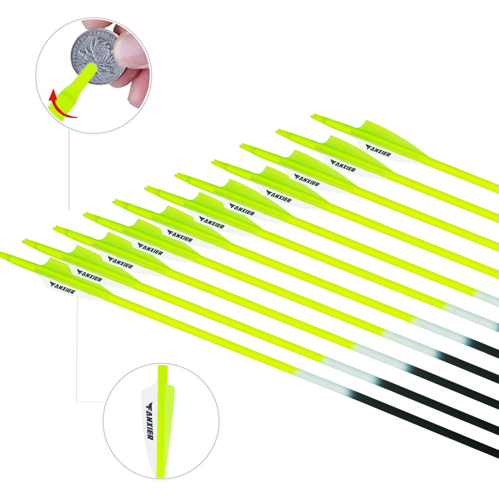 Fanxier 30-Inch Carbon Arrow Hunting Target Practice Arrow,with Quiver, Detachable Tip, Suitable for Compound Bow & Recurve Bows (12 Pcs Arrow + Quiver)