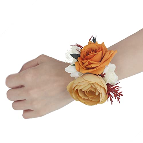 Rinlong 6Pcs Burnt Orange Wrist Corsage Wristlet Band Boho Bracelet Wrist Flowers Wedding Bride Bridesmaid Flower Accessories Decoration