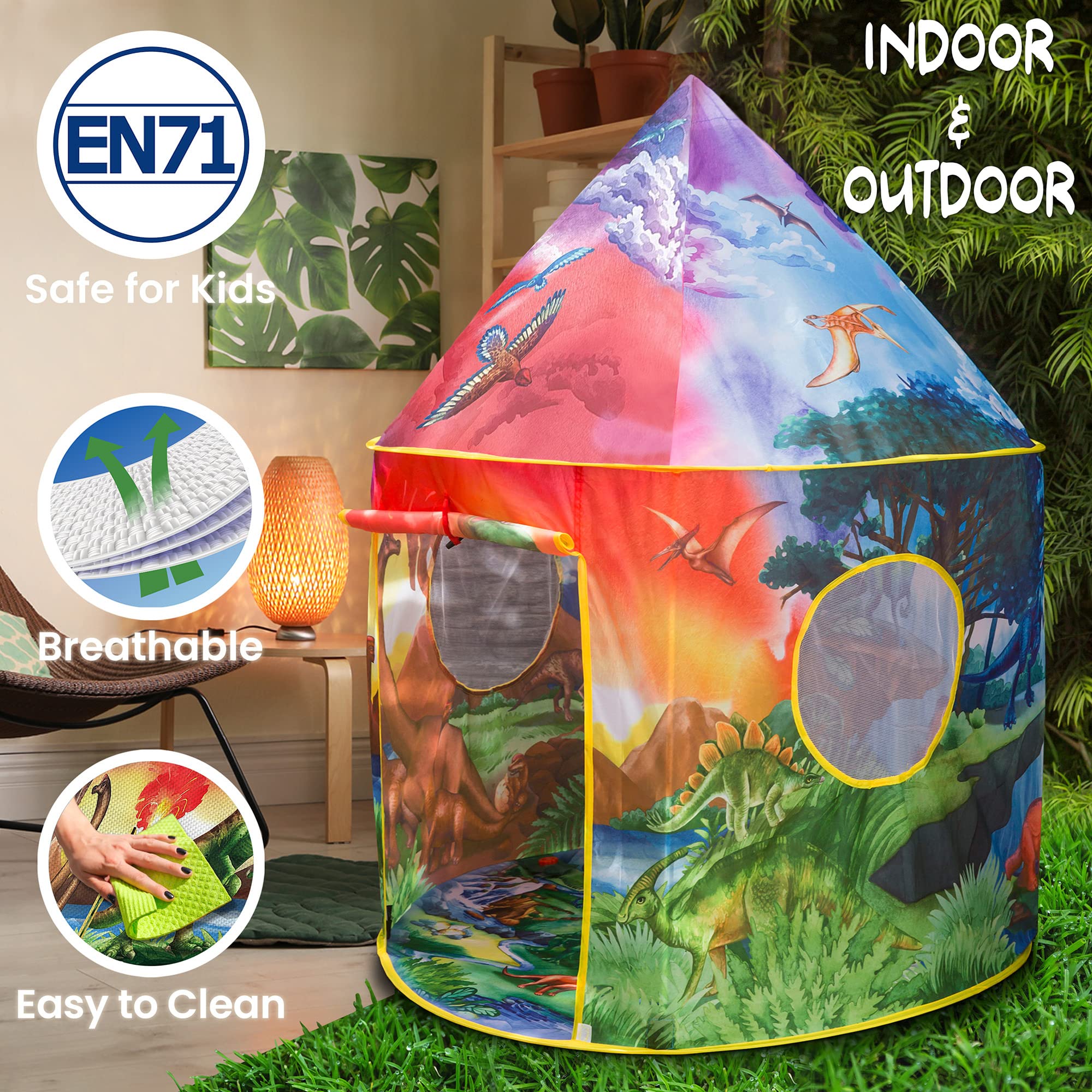 W&O Dinosaur Discovery Play Tent with Roar Button - Extraordinary Pop Up Tent for Boys & Girls - Perfect for Indoor & Outdoor Adventures