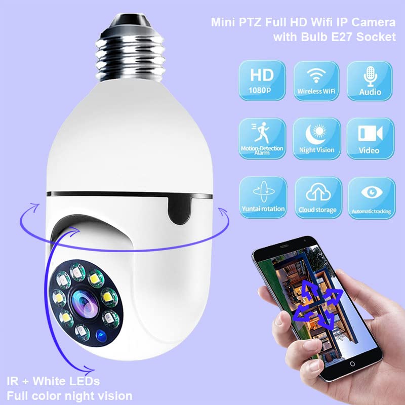DEXINLONG Wireless WiFi Light Bulb Camera, 360 Degree E27 Security Camera Outdoor, 1080P Home Surveillance Cameras System with Human Motion and Alarm, Two-Way Audio, Full Color Day Night, White