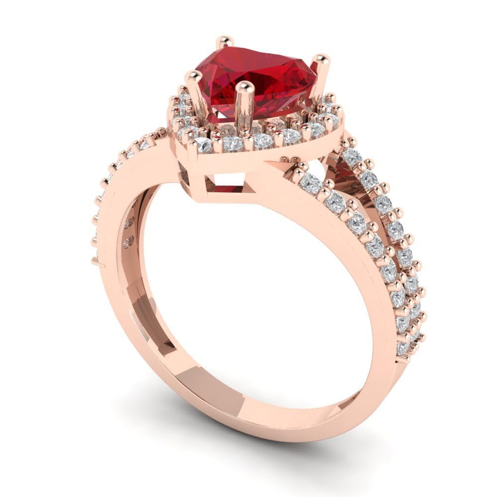 Clara Pucci 1.69ct Heart Cut Solitaire Halo split shank Red Ruby Designer Wedding Bridal art deco Anniversary Ring 14k Rose Gold 6