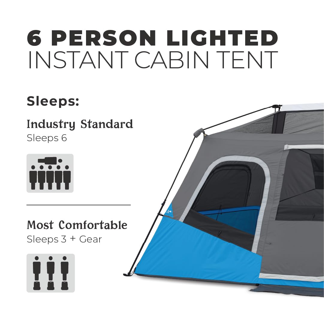 CORE 9 Person Instant Cabin Tent with LED Lights | Lighted Pop Up Camping Tent with Easy 2 Minute Camp Setup | Portable Large Family Cabin Multi Room Tents for Camping