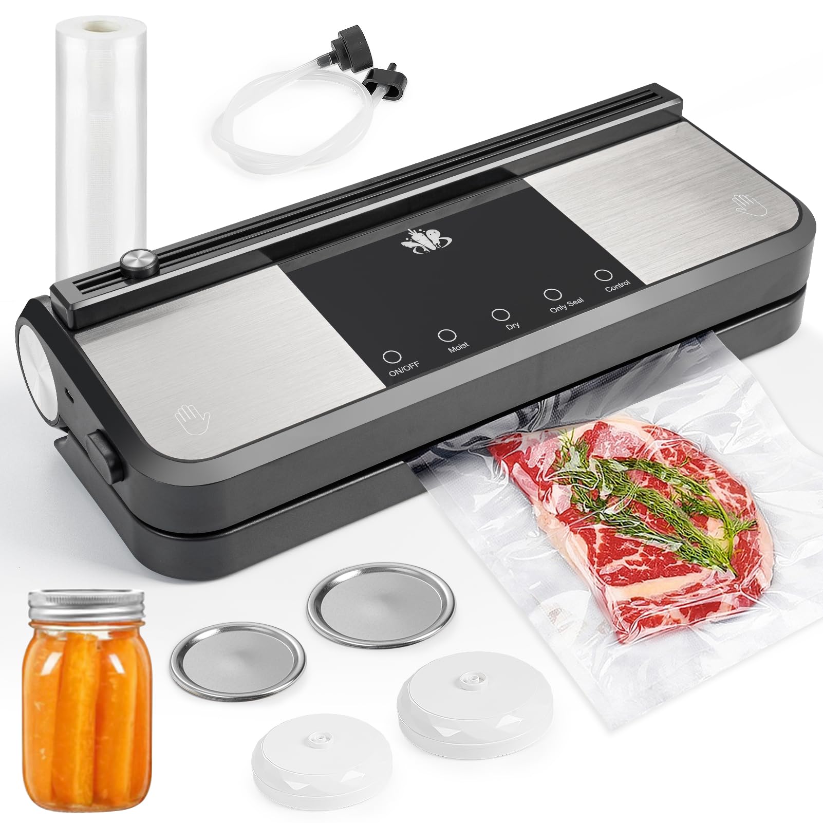 Cordless Vacuum Sealer Machine, Rechargeable Vacuum Sealer for Dry/Moist Food, Build in Cutter and Bag Storage, With External Suction Hose, 1 Pack Vacuum Sealer Roll (Silver and White)