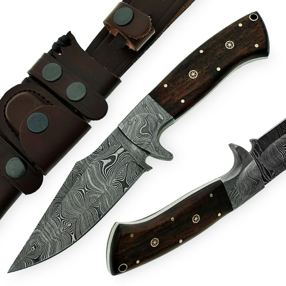 Damascus Steel Hunting Knife Fixed blade knife Damascus Bolster Walnut Wood Handle Mosaic Pin, Bush craft, Outdoor Camping, with Cowhide Leather Sheath â BW-4144