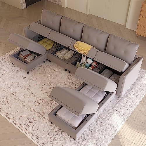 LLappuil Velvet Modular Sectional Sofa with Reversible Chaises, 7 Seater U Shape Sectional with Storage, Waterproof, Anti-Scratch and Antistatic Modular Couch for Living Room, Brown