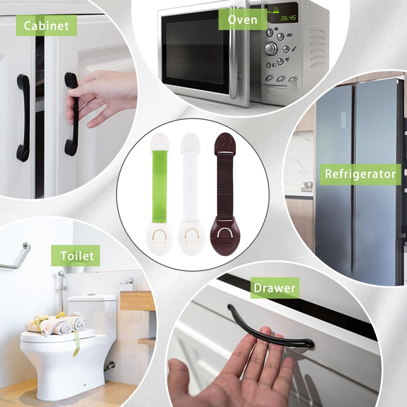 GORGECRAFT 12Pcs 3 Colors Safety Cupboard Locks Adjustable Proofing Cabinet Strap Locks with Adhesive for Cabinets Drawers Dishwasher Toilet Fridge Oven Closet Anti-Trapped Fingers Home Kitchen Tool