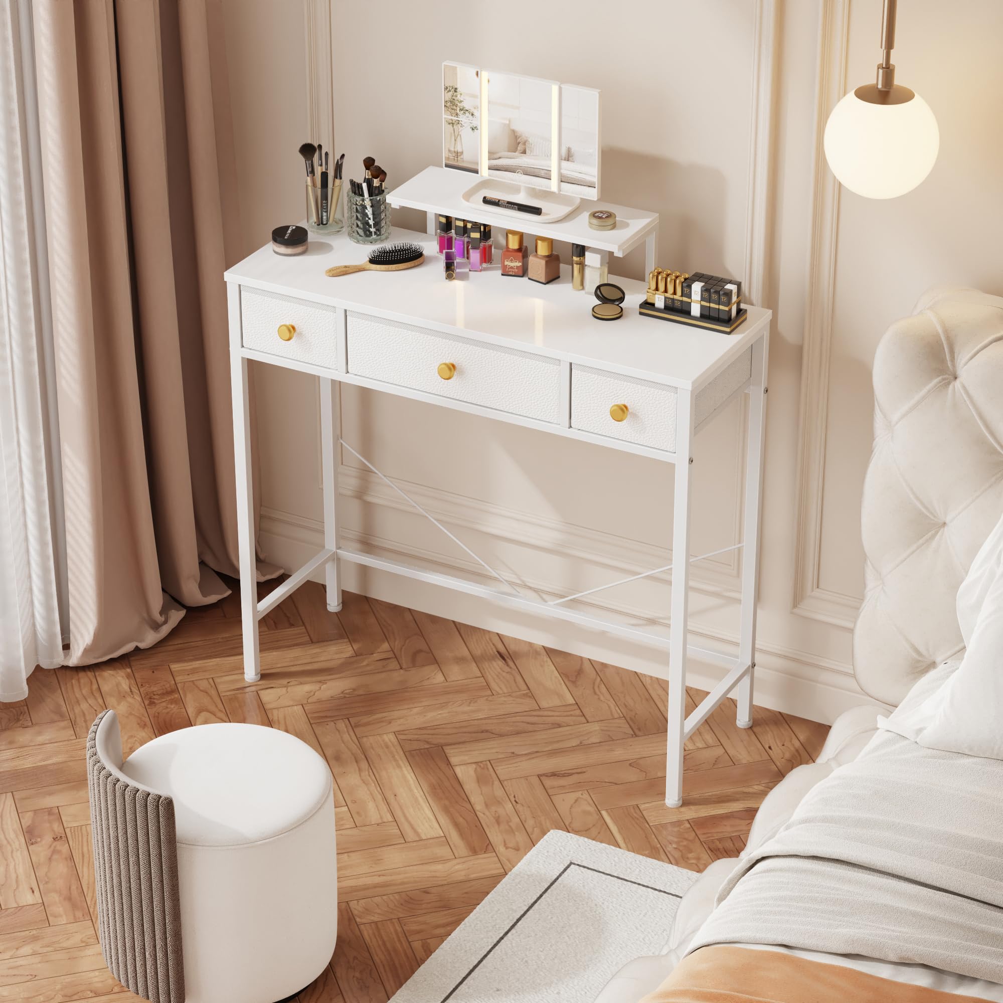 HIGDBFE Small Makeup Vanity Desk 27''W with 3 Fabric Drawers and Lighted Mirror, Vanity Table with Height-Adjustable Stand, Dressing Vanity Desk for Bedroom and Small Spaces, 27'', White