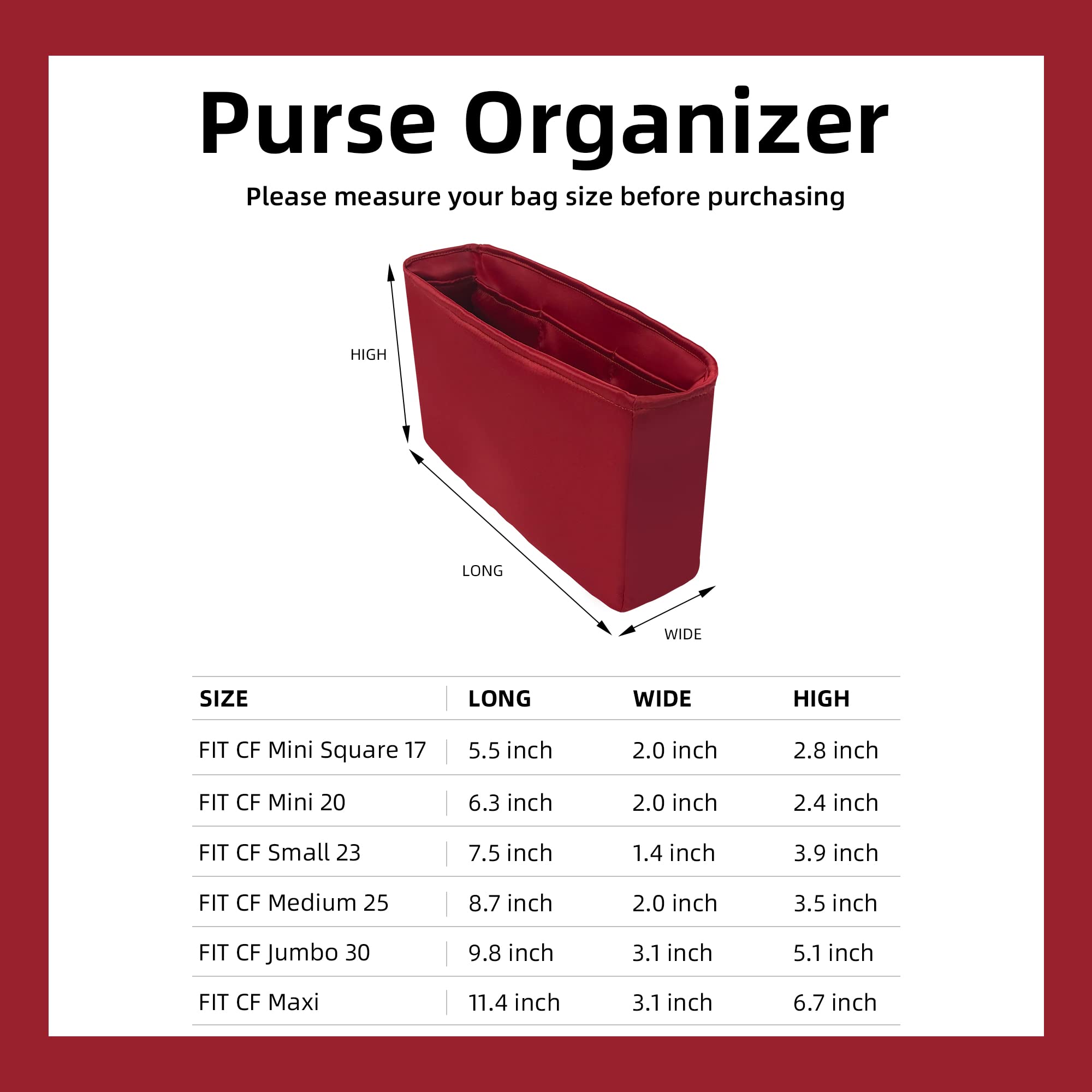 DGAZ Purse Organizer Insert For Chanel CF Bags，Silk Bag Organizer，Luxury Handbag & Tote Shaper(Wine Red,Jumbo 30)