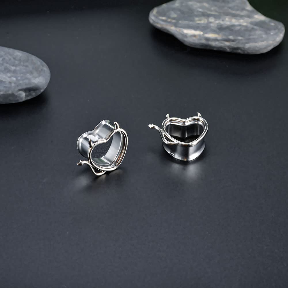 COOEAR 1 Pair Ear Tunnels Flesh Plugs Heart Style Gauges Silver Women Men Stretchers Demon Expander 0g to 1 inch.