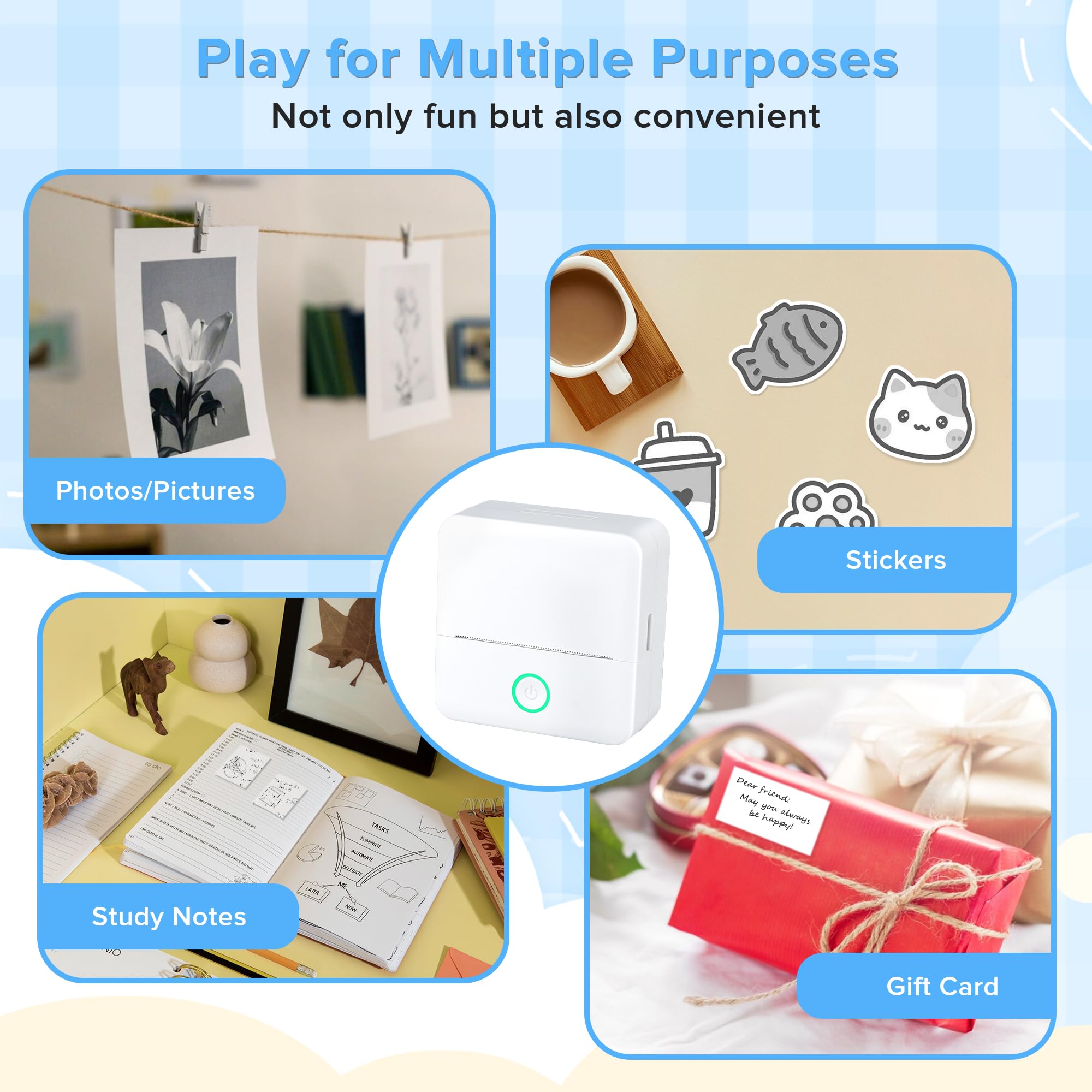 Hilceriy Portable Mini Printer Sticker Maker, Bluetooth Wireless Thermal Inkless Printer, Small Pocket Receipt Printer Compatible with Android/iOS for School Kid Supplies, Label