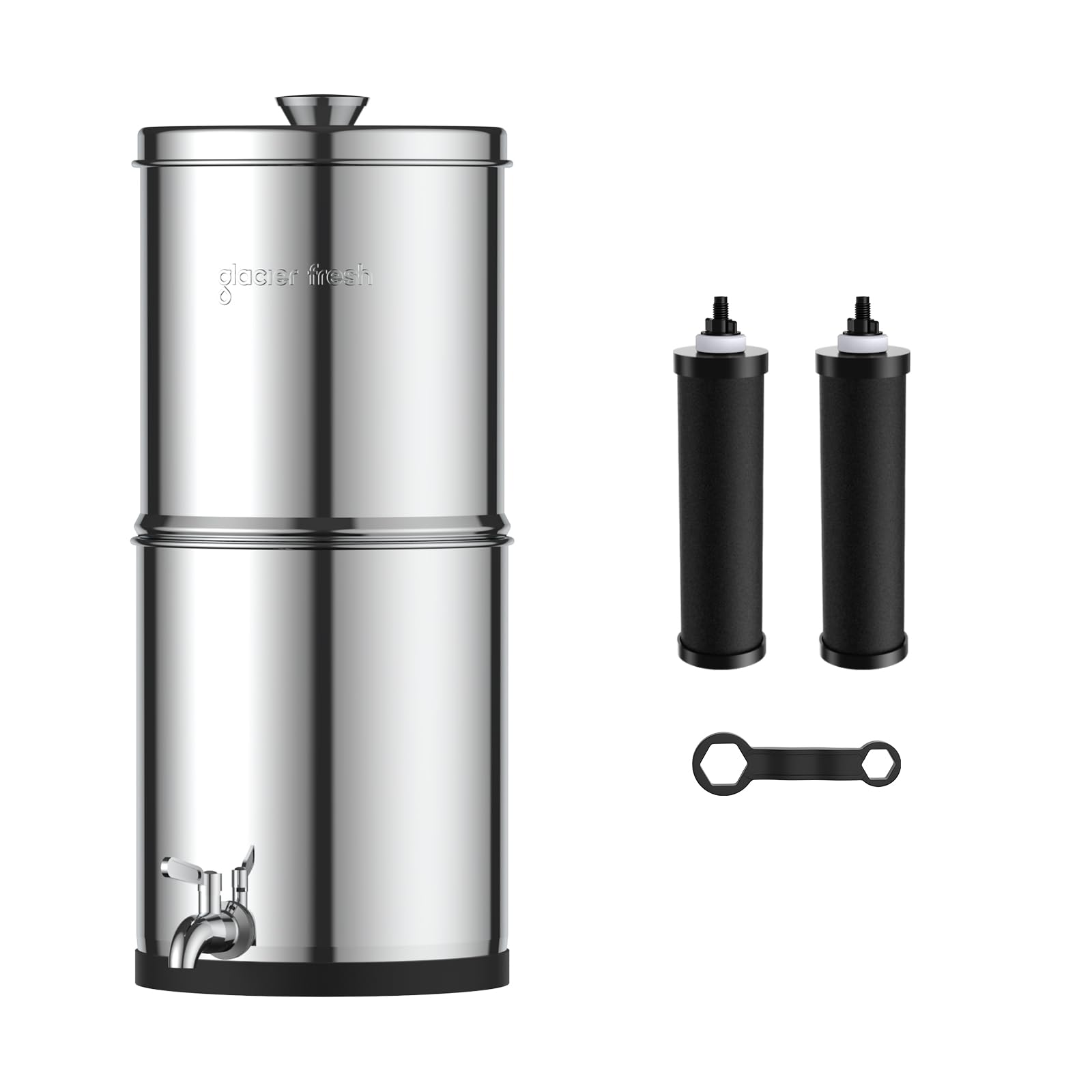 GLACIER FRESH Gravity-fed Water Filter System, Stainless Steel 2.25G Gravity Water Filter with 2 Black Carbon Filters and Metal Spigot, for Home, Camping, and RVing