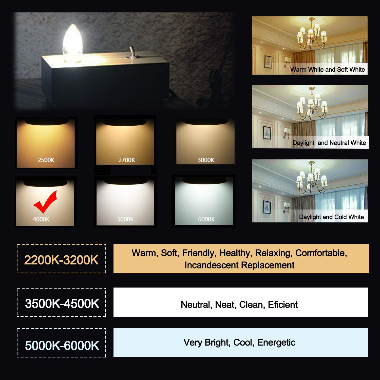 CRLight 8W Dimmable LED Candelabra Bulb 4000K Daylight White, 80W Equivalent 800LM E12 LED Candle Bulbs, Upgraded Lengthened B11 Clear Glass Torpedo Shape Chandelier Light Bulbs, 6 Pack