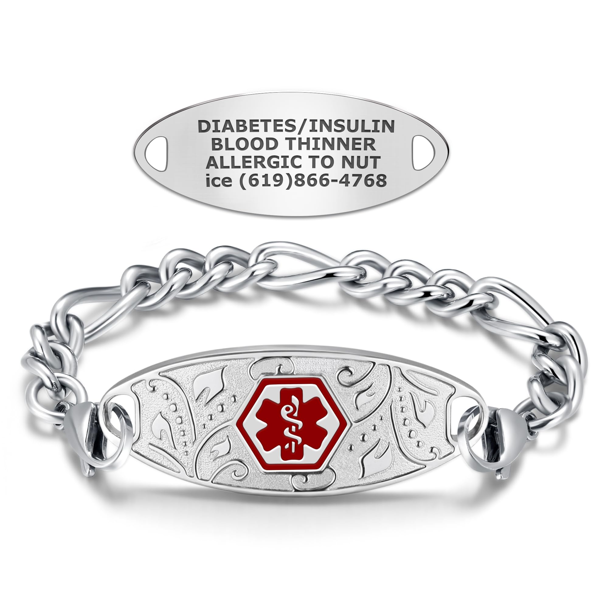 Divoti Pure Titanium Figaro Medical Alert Bracelet with Free Engraving and Lovely Filigree Tag-Red-7.0"