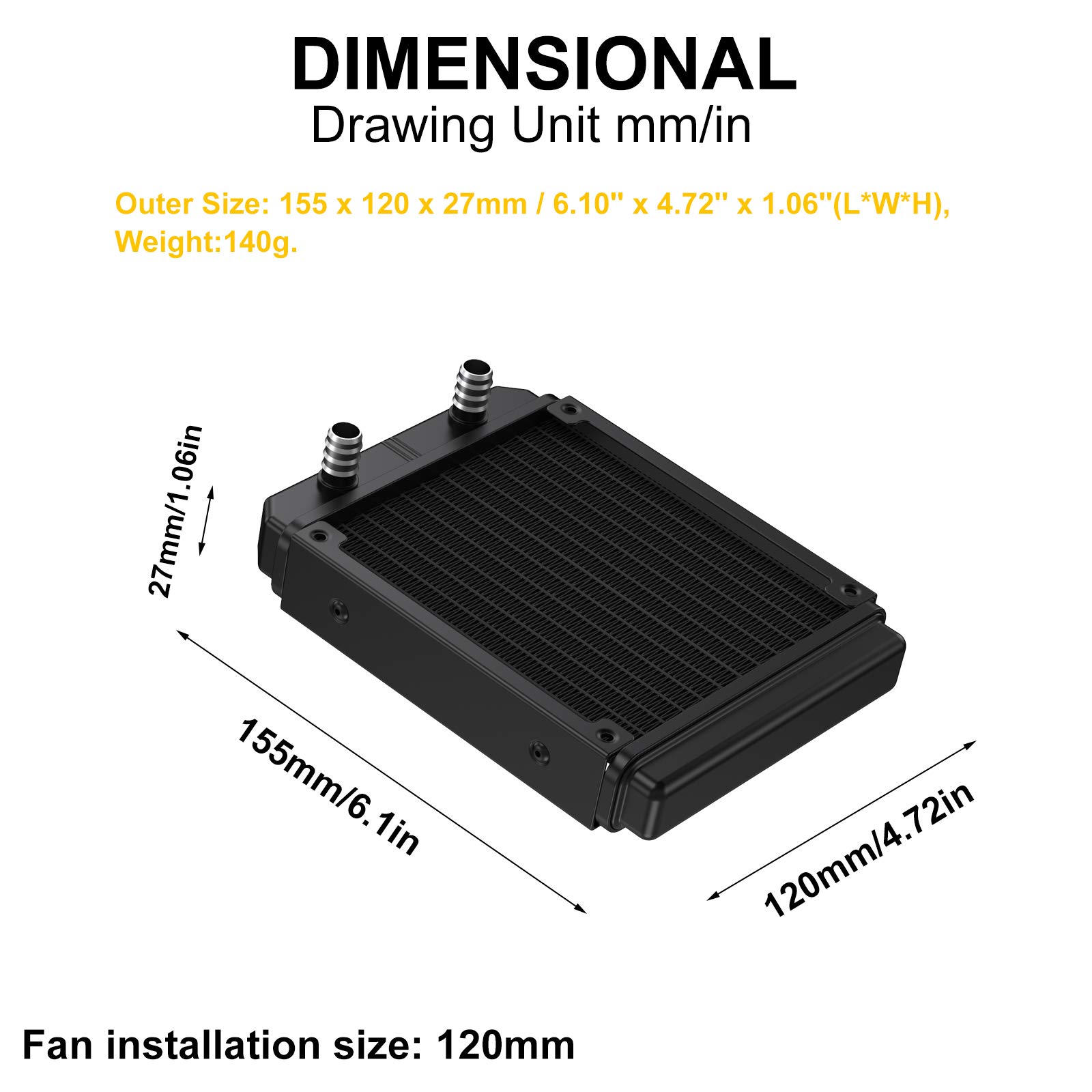 Clyxgs Water Cooling Radiator, 12 Pipe Aluminum Heat Exchanger Radiator with Tube for PC CPU Computer Water Cool System DC12V 120mm
