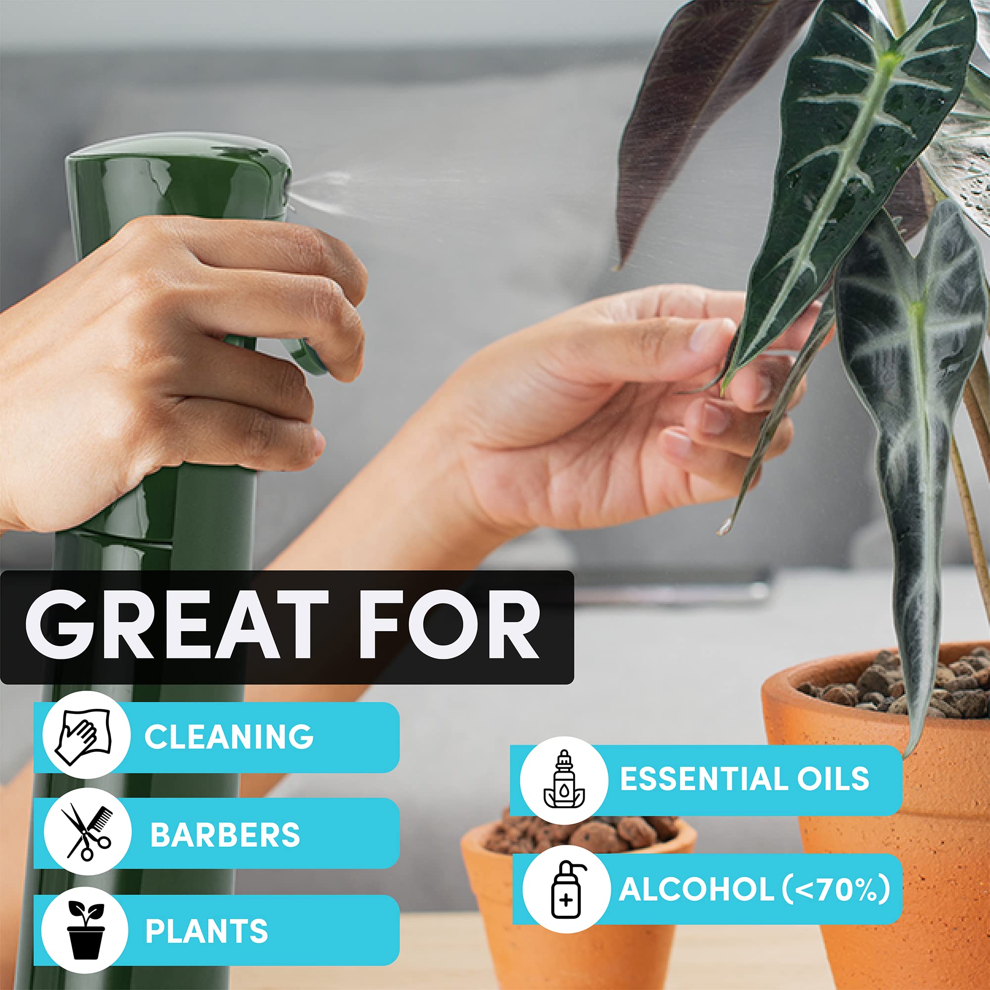 Hula Home Continuous Spray Bottle (10.1oz/300ml) Empty Ultra Fine Plastic Water Mist Sprayer β For Hairstyling, Cleaning, Salons, Plants, Essential Oil Scents & More - Green