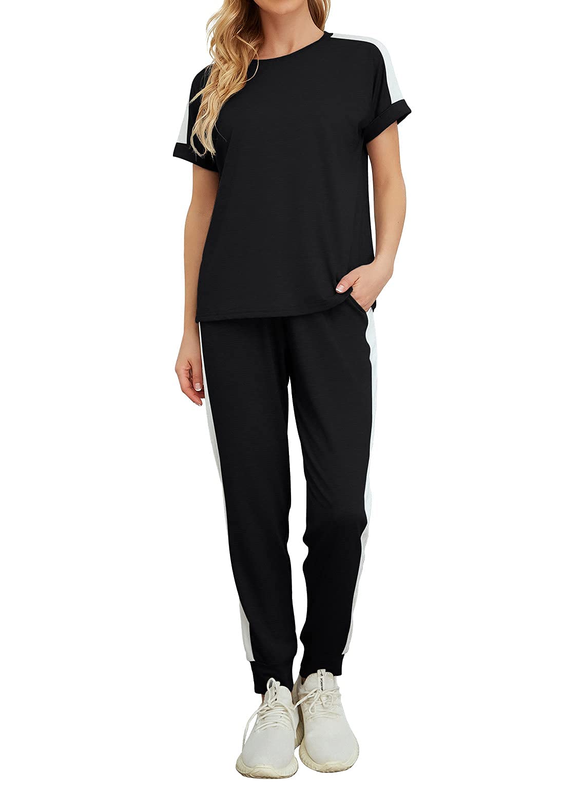 DEARCASE Women's 2 Piece Outfits Casual Short Sleeve Top Long Pant Sweatsuits Tracksuits Black Large