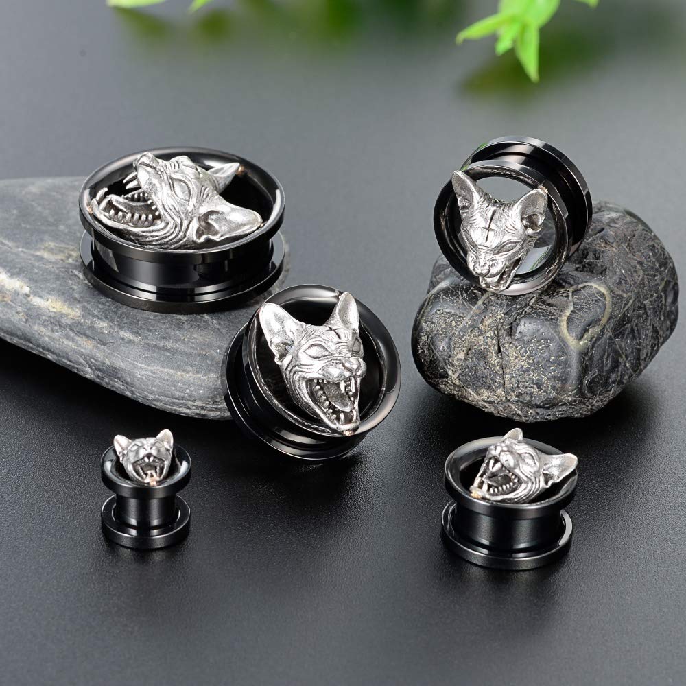COOEAR 1 Pair Stainless Steel Cat Logo Ear Gauges Black screw Tunnels for Ears Piercing Ear Plugs.