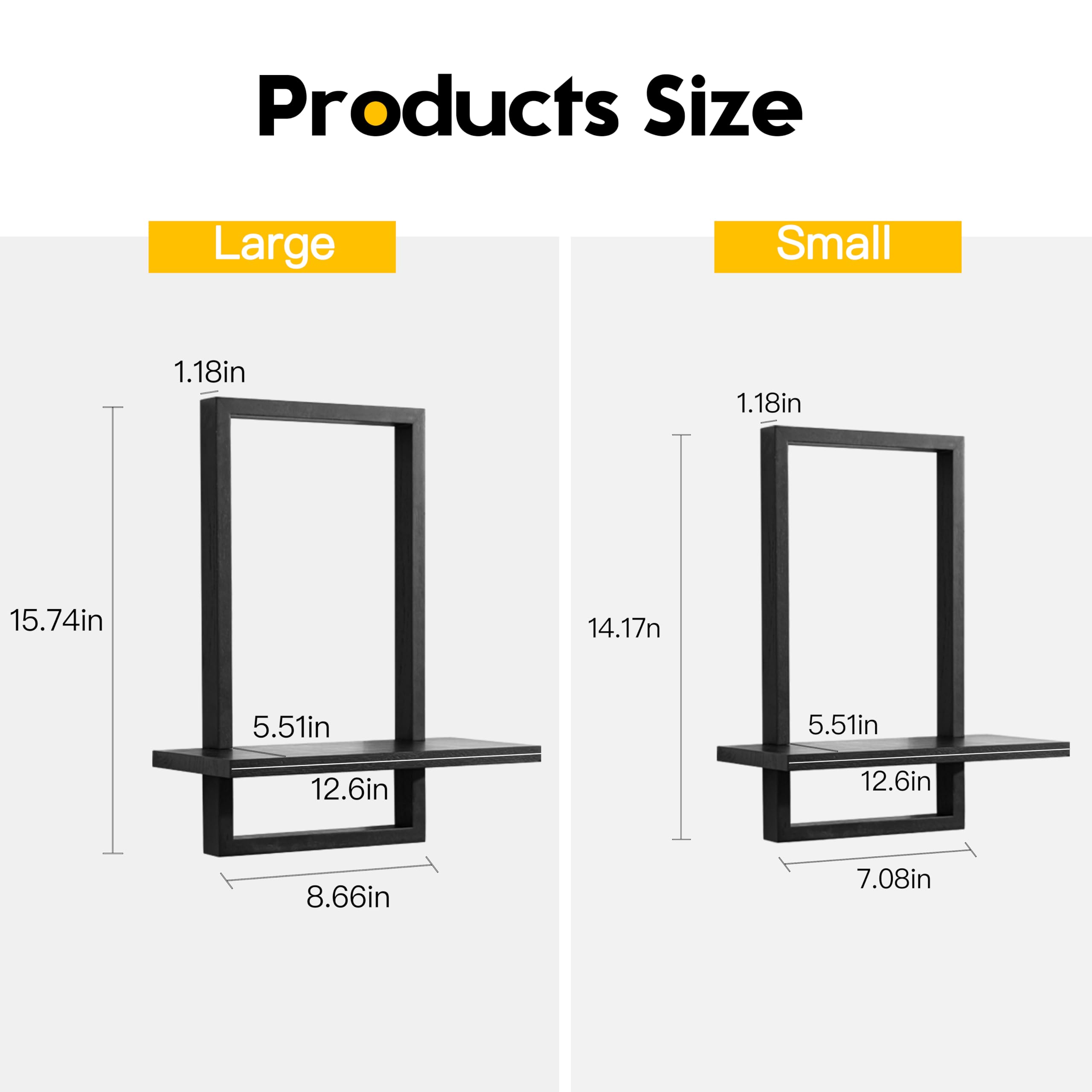 PHOENANCEE Square Floating Shelves Black,Framed Hanging Shelf for Wall Set of 2,Decorative Modern Chic Plants Decor for Living Room Bedroom Bathroom Home Office,Soild Wood,L+S