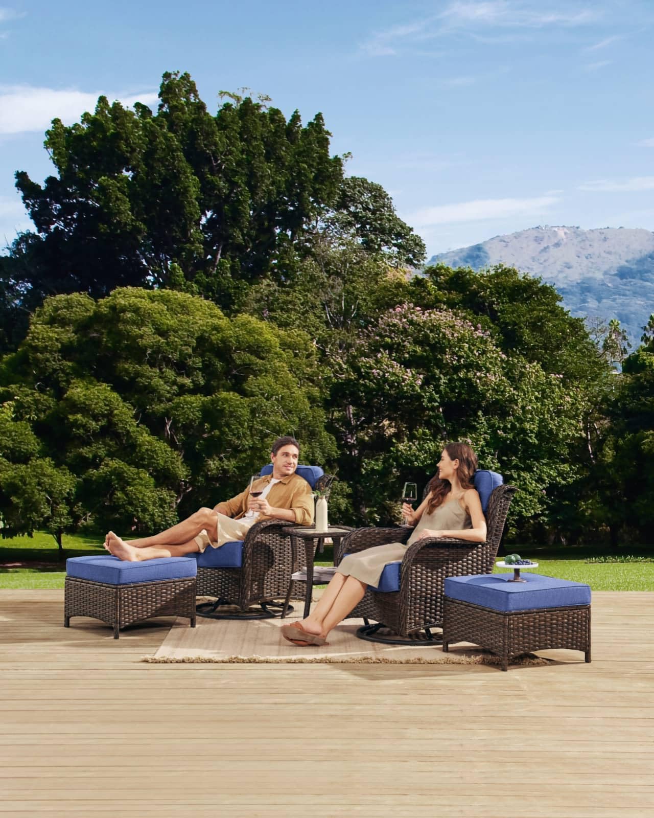HILLGA Luxury 2PCS Patio Ottomans Footrest, Premium Wicker Steel Frame Outdoor Fabric, Comfortable Cushions, for Garden, Patio, Backyard and Deck(Rice White)