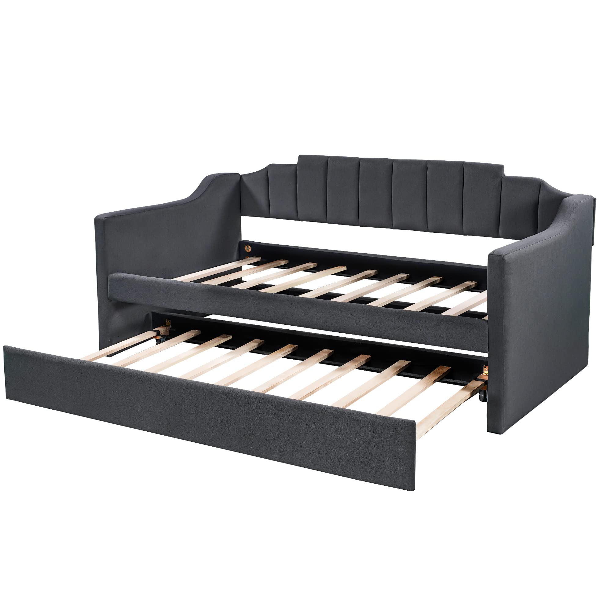 LUSPAZ Twin Size Upholstered Daybed with Wheeled Trundle and Curved Back Design, Multifunctional Modern Corner Sofa Bed Frame, Easy Assembly, No Box Spring Required, for Living Room or Bedroom, Black