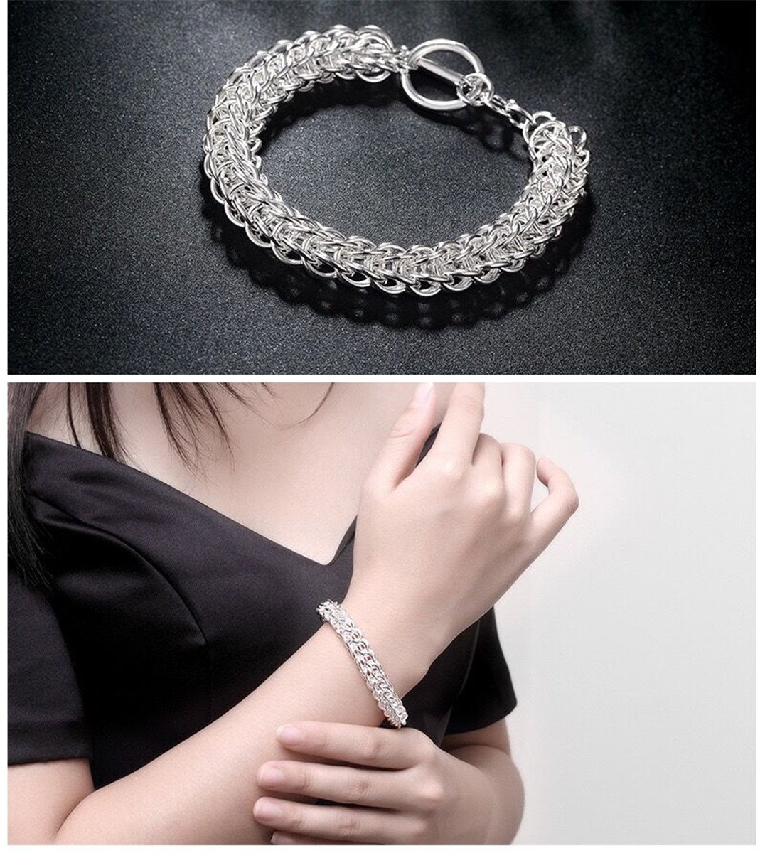 Cy trendy New Women Jewelry Wide Mesh Solid 925 Sterling Silver Chain Bracelets Bangles