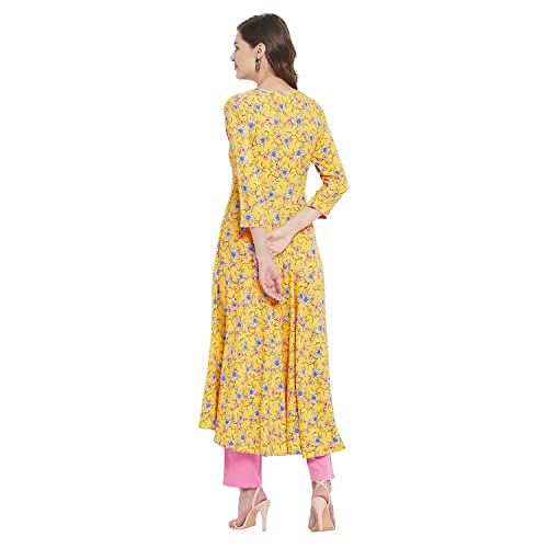 Tissu Women's Rayon Yellow & Pink Floral Printed A-Line Kurta 2136_Yellow_S