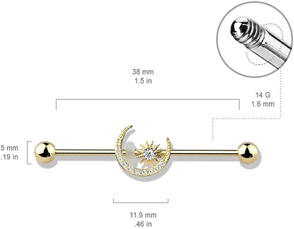 CZ Paved Moon with CZ Center Star 316L Surgical Steel Industrial Barbell (Clear)