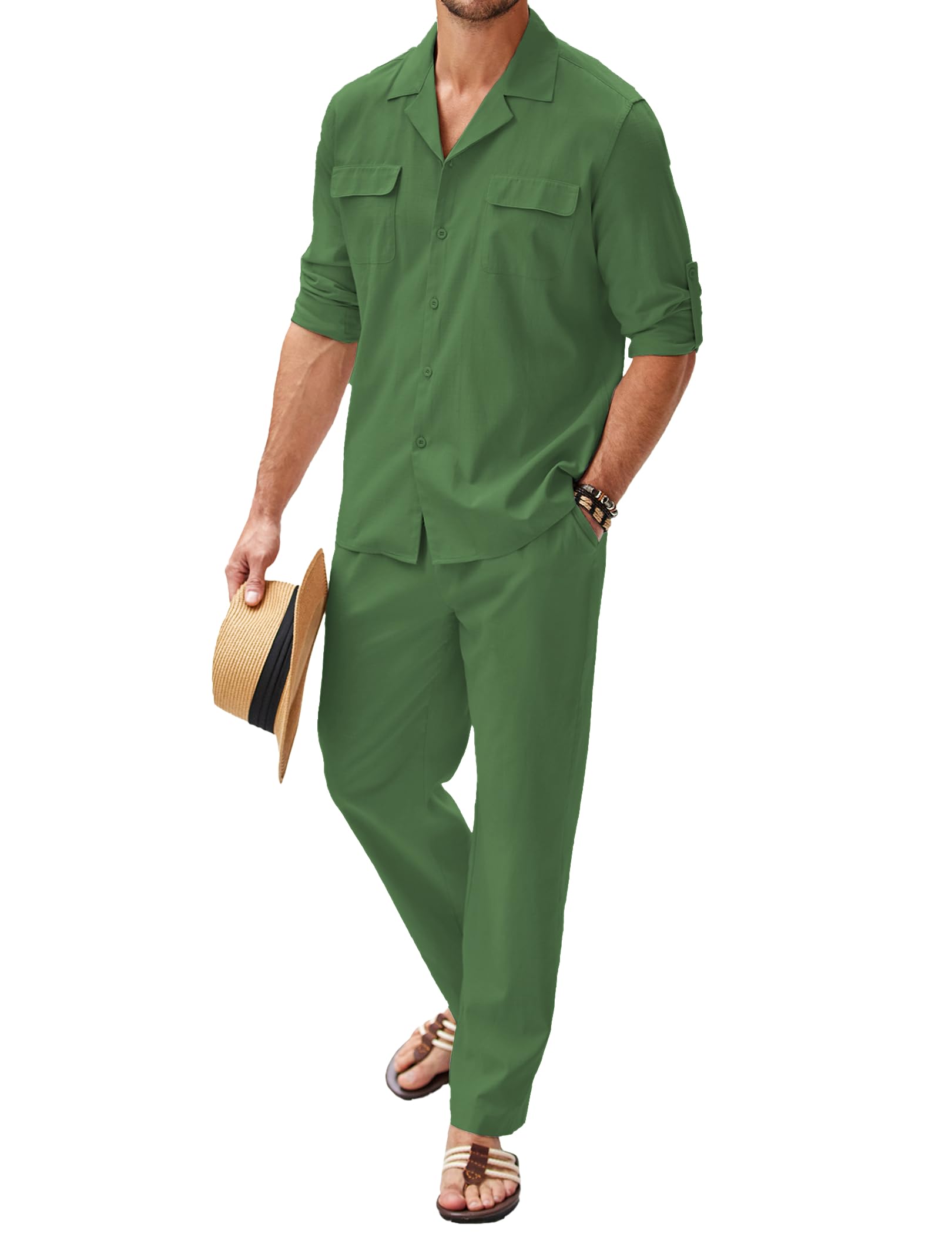 COOFANDY 2 Piece Outfit Sets Cotton Linen Set Button Down Shirt Casual Beach Pants with Pockets Summer Yoga Outfits
