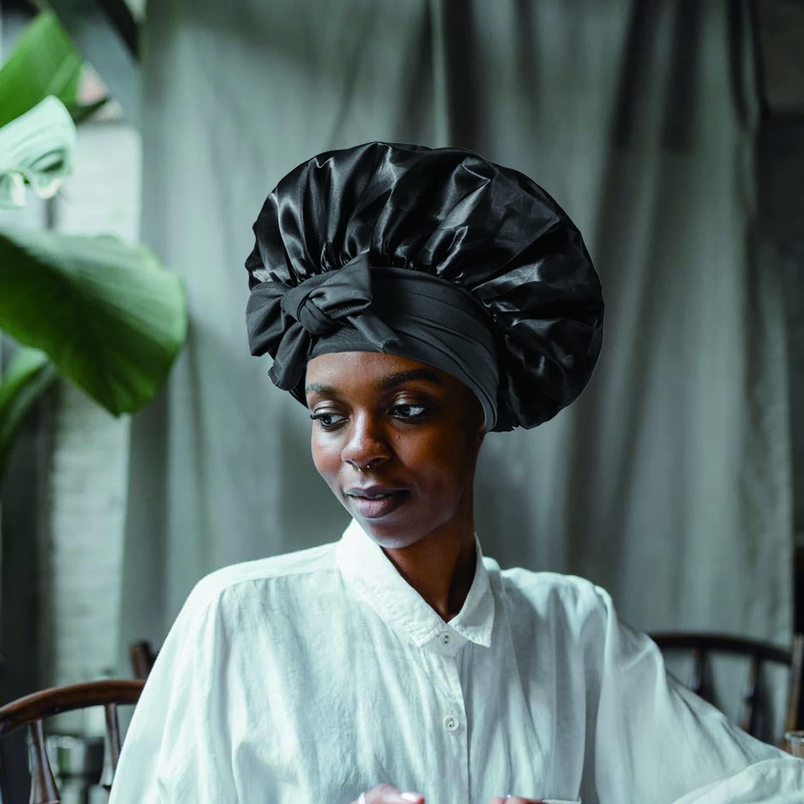 Women Satin Bonnet, Large Satin Bonnets for Braids Jumbo Size Silk Bonnet For Sleeping, Black Women Hair Bonnet with Stretchy Tie Band Sleep Bonnet Cap for Long Curly Hair Braid (Black & Leopard)
