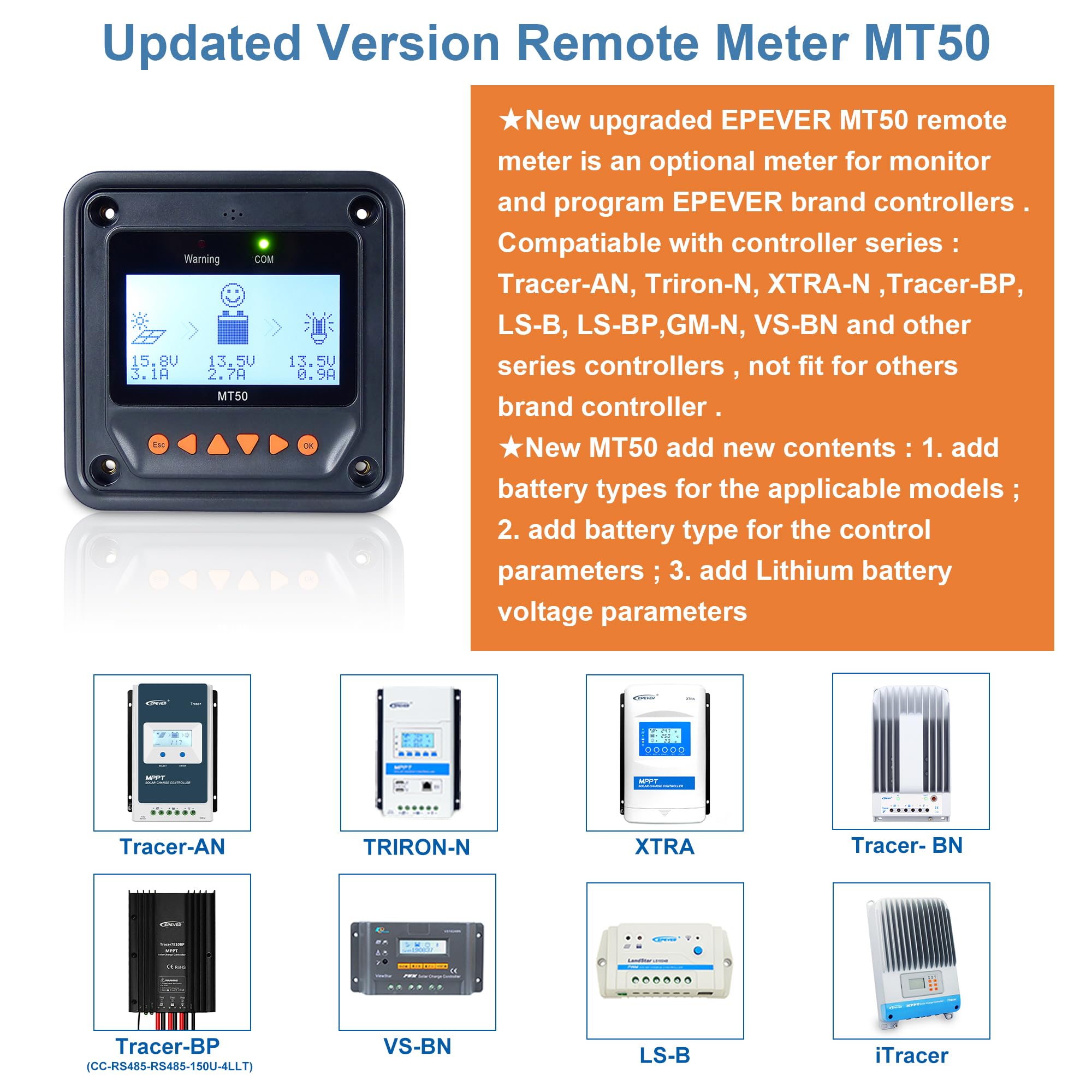 EPEVER MT50 Remote Meter for MPPT Solar Charge Controller 10/20/30/40A,50/60/80/100A LCD Display Monitoring Setting Datas of Solar Panel Battery Regulator System (MT50)