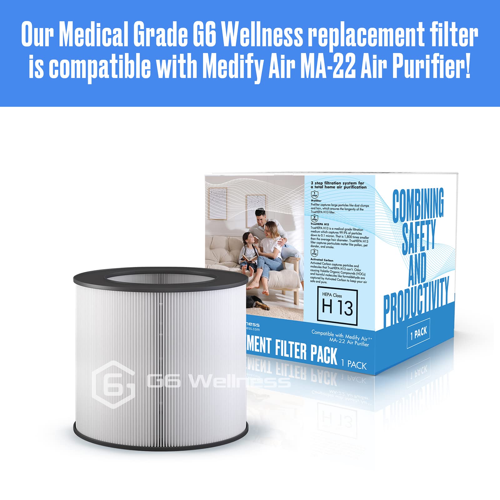 G6 Wellness MA-22 Replacement Filter Compatible with MA-22 Air Purifier | 3 in 1 Filtration | Medical Grade True HEPA Filter H13 | Activated Carbon | Pre-Filter | 99.9% removal
