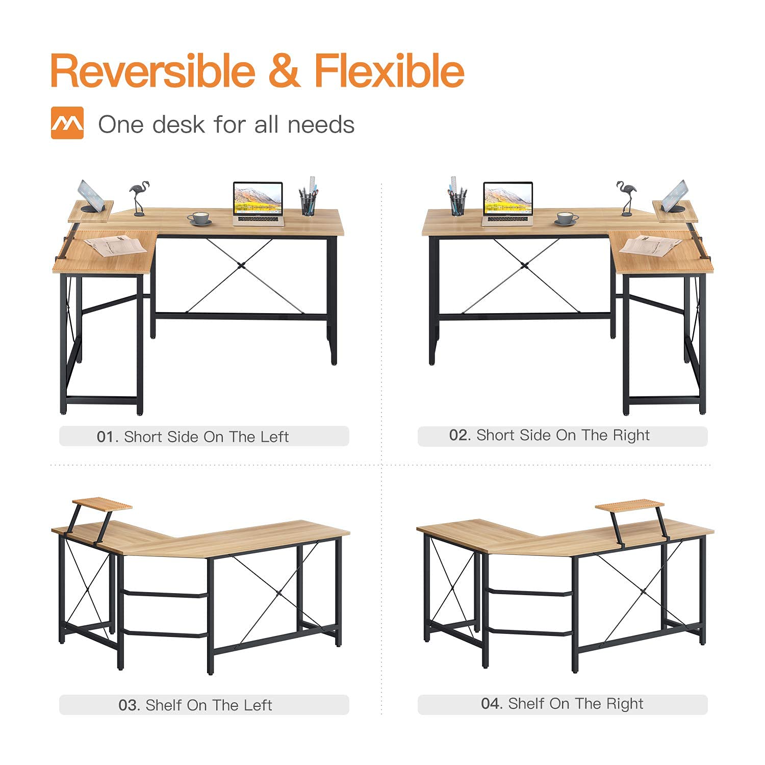 Coleshome Reversible L Shaped Desk 59" Sturdy L Shaped Gaming Desk with Monitor Stand, L Desk for Gaming & Home Office, Space Saving Corner Desk Easy to Assemble, Walnut