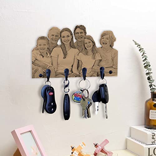 Ozinna Personalized Key Holder with Photo Frame for Wall Decorative Custom Picture Wooden Key Hangers for Rustic Home Decor, Key Organizer Mount with 4 Hooks Decorative Family Sign (Wooden Key Hooks)