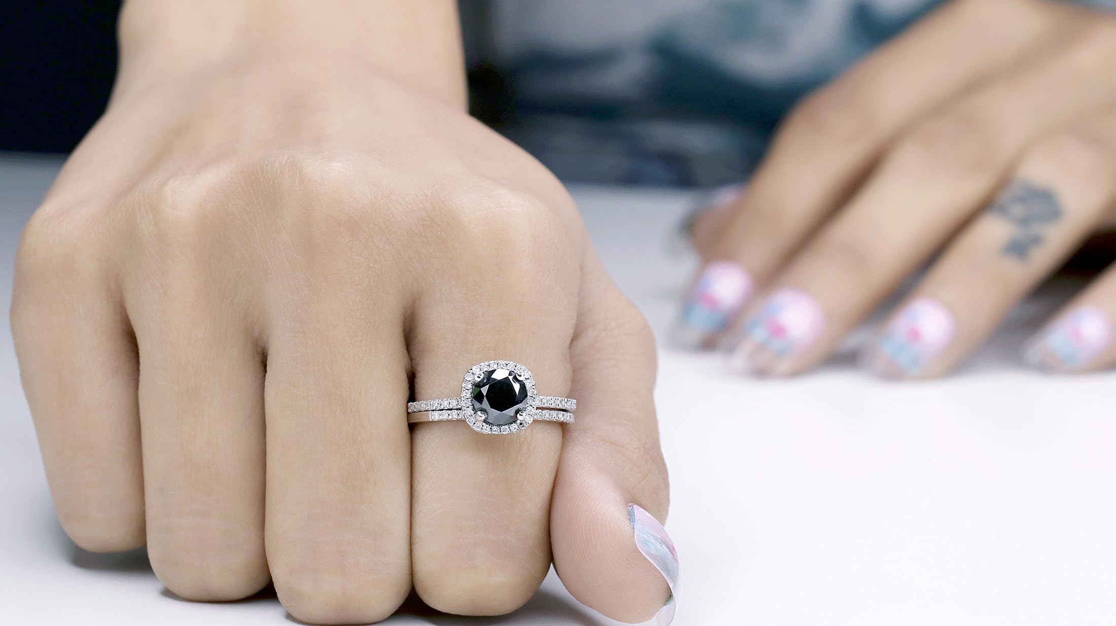 Dazzlingrock Collection 2.00 Cttw Round Black & White Diamond Cushion Shape Head Halo Engagement Ring Set for Her in 14K Solid White Gold Size 8
