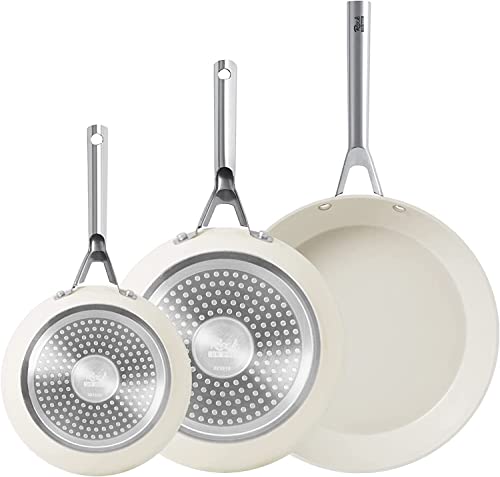ROCKURWOK 3 Pcs Frying Pan Set, Hard Ceramic Nonstick Cookware Set, 8in/10in Omelet Pan, 12in Skillet, Inducton, Dishwasher & Ovens Safe, Free of PFAS & PTFE, White