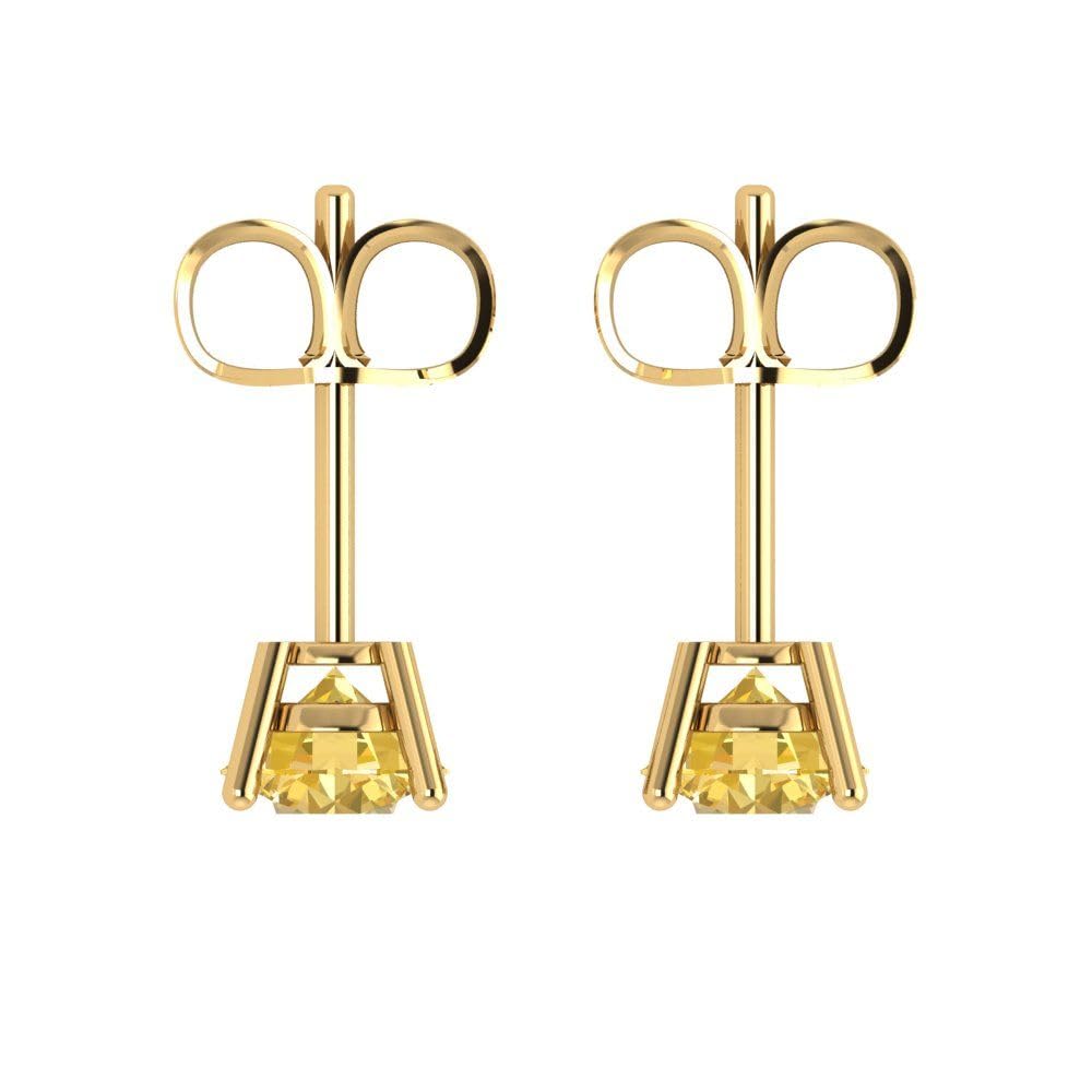 Clara Pucci 1.94cttw Round Cut Solitaire Genuine Canary Yellow Simulated Diamond Unisex Pair of Stud Earrings 14k Yellow Gold Push Back