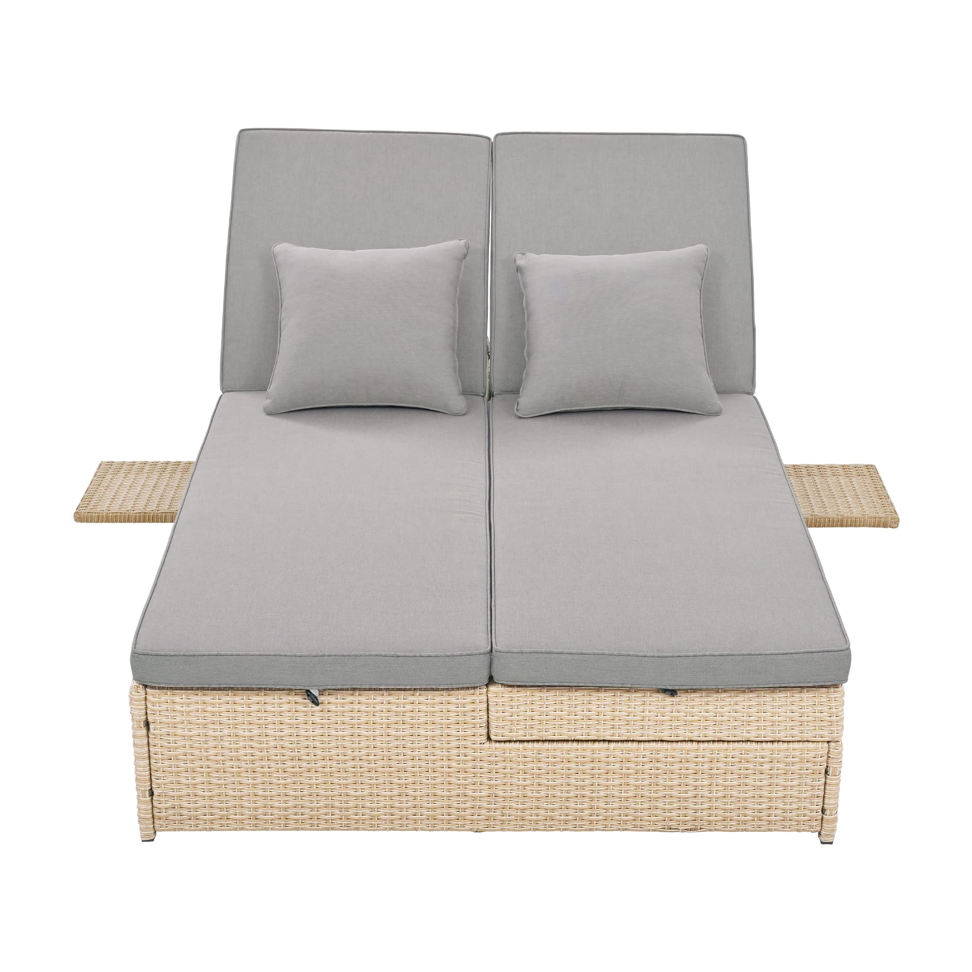Merax Patio Conversation Set, Outdoor Double Sunbed Wicker Rattan Patio Reclining Chairs with Adjustable Backrest and Seat, Brown