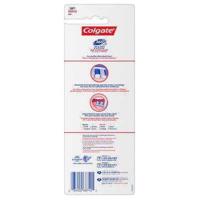 Colgate 360 Whole Mouth Toothbrush, Adult Soft Toothbrush With Tapered Bristles, Features Tongue Cleaner and Ergonomic Handle, Helps Whiten Teeth and Removes Bacteria, 4 Pack