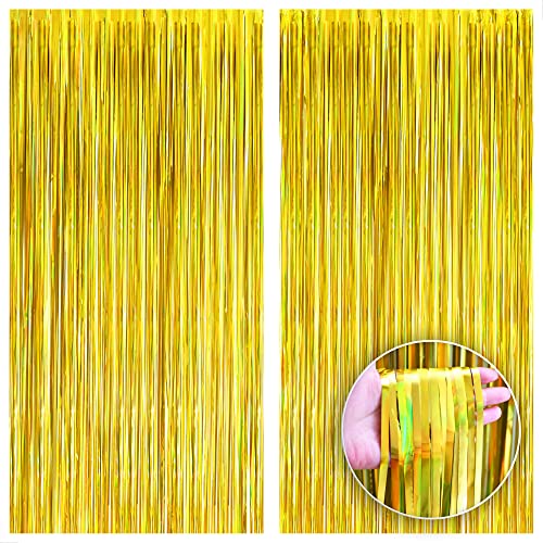 KatchOn, Holographic Gold Fringe Curtain Backdrop - XtraLarge, 6.4x8 Feet Pack of 2 | Holographic Gold Foil Curtain, Gold Streamers Party Decorations | Gold Backdrop, New Years Eve Party Supplies 2024