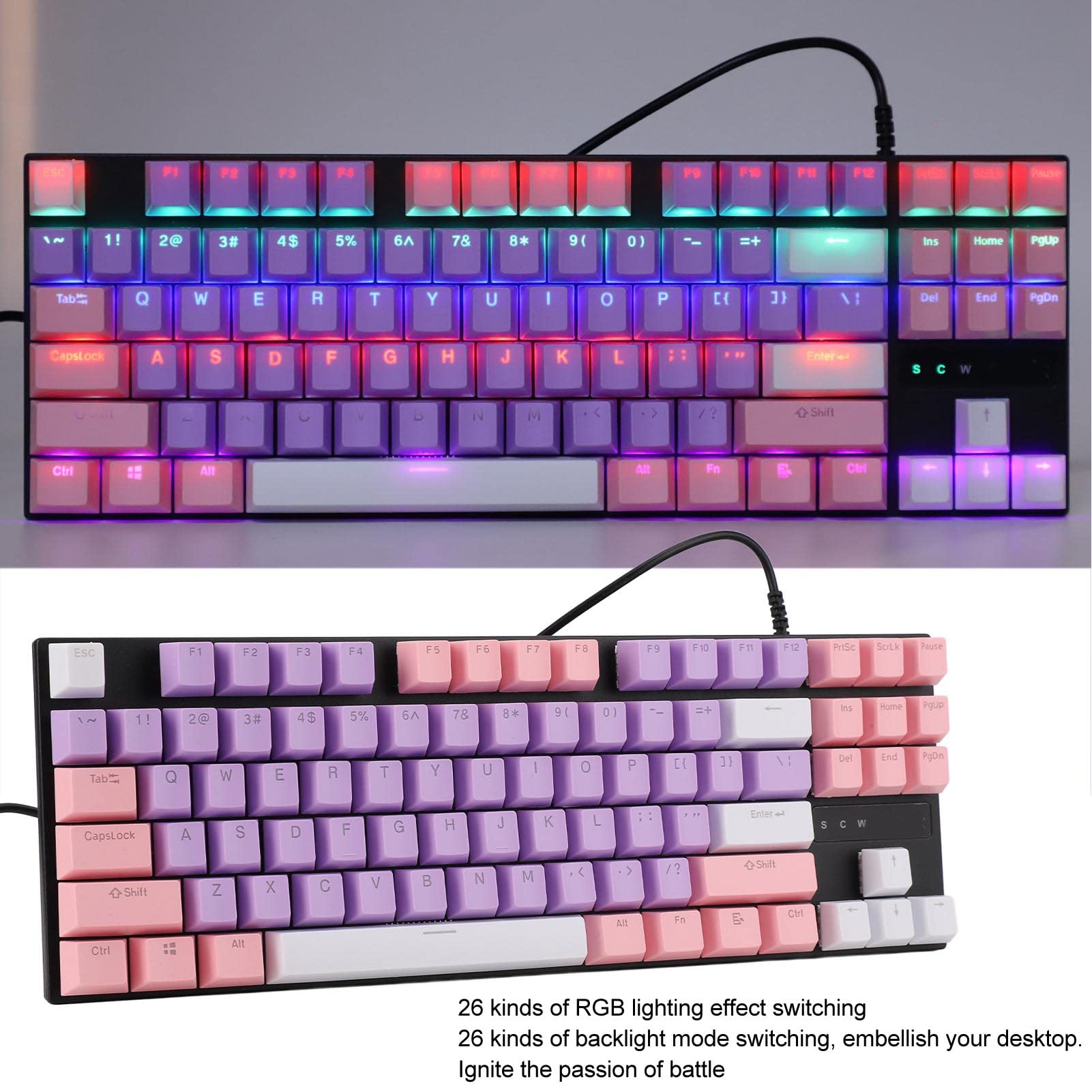 GOWENIC Mechanical Keyboard, 87 Keys Compact Full Key Mechanical Gaming Keyboard with RGB Backlit, Blue Switch, Waterproof, for PC Laptop, for Windows (Pink White)