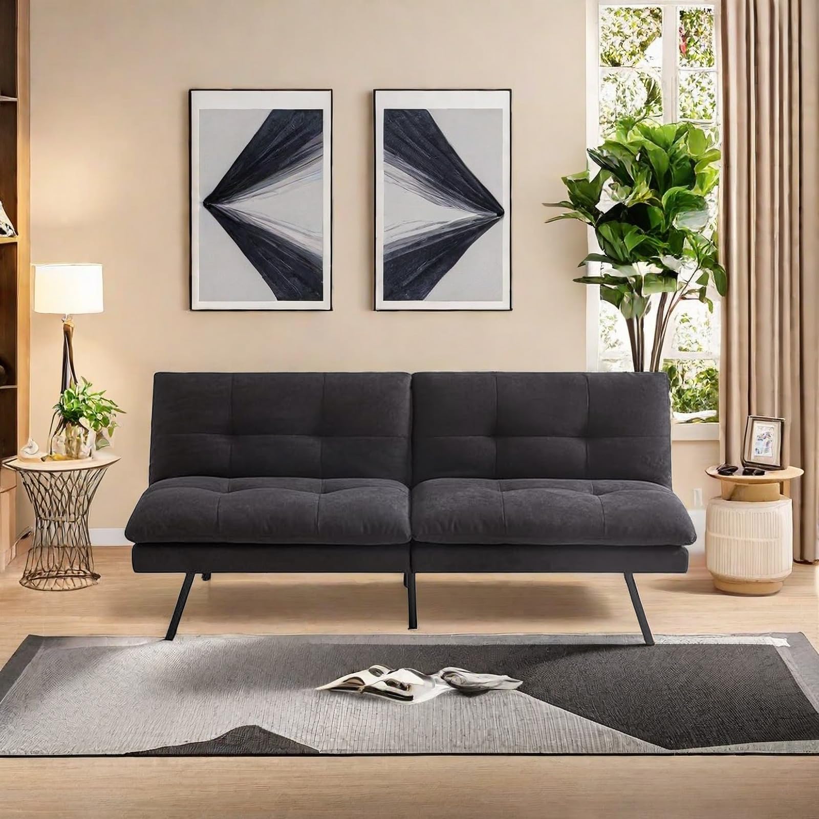 GlasFlength Futon Sofa Bed Loveseat Sleeper Sofa, Convertible Sofa Bed Small Couch with Memory Foam Split Seat Design, Linen Fabric Futon Couch for Living Room, Apartment, Bedroom (Black)