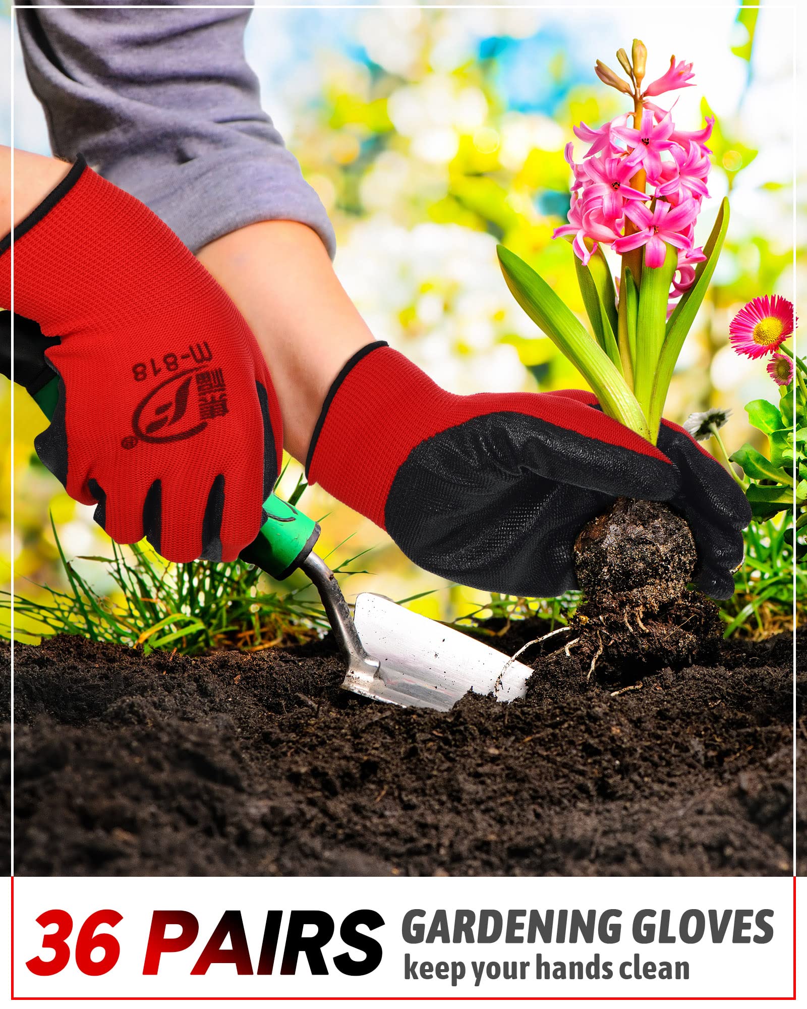 Honeydak 36 Pairs Gardening Gloves for Men Women Breathable Rubber Coated Garden Gloves(Red, Black)