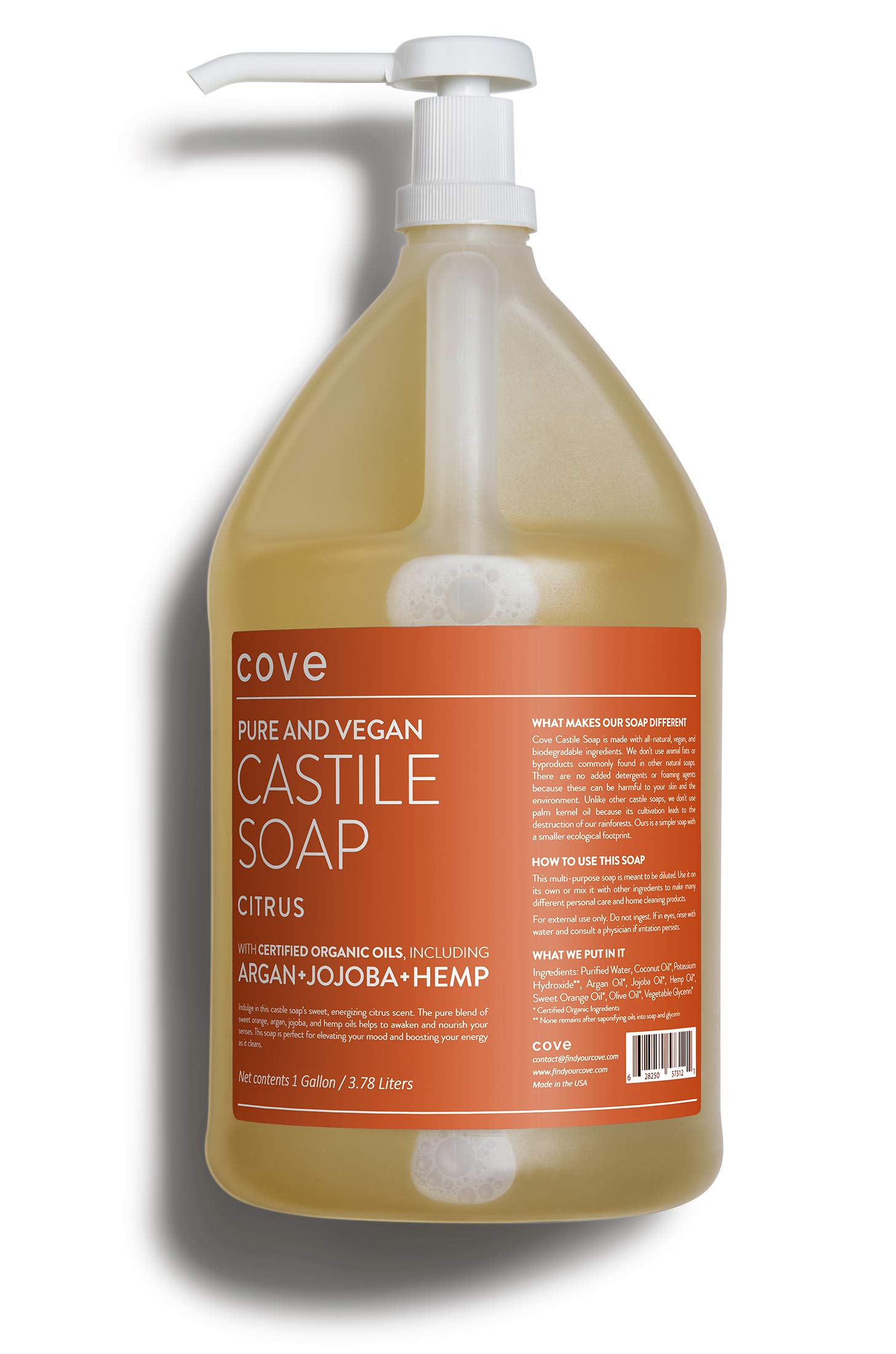 Cove Castile Soap Peppermint - 1 Liter / 33.8 fl oz - Organic Argan, Jojoba, and Hemp Oils