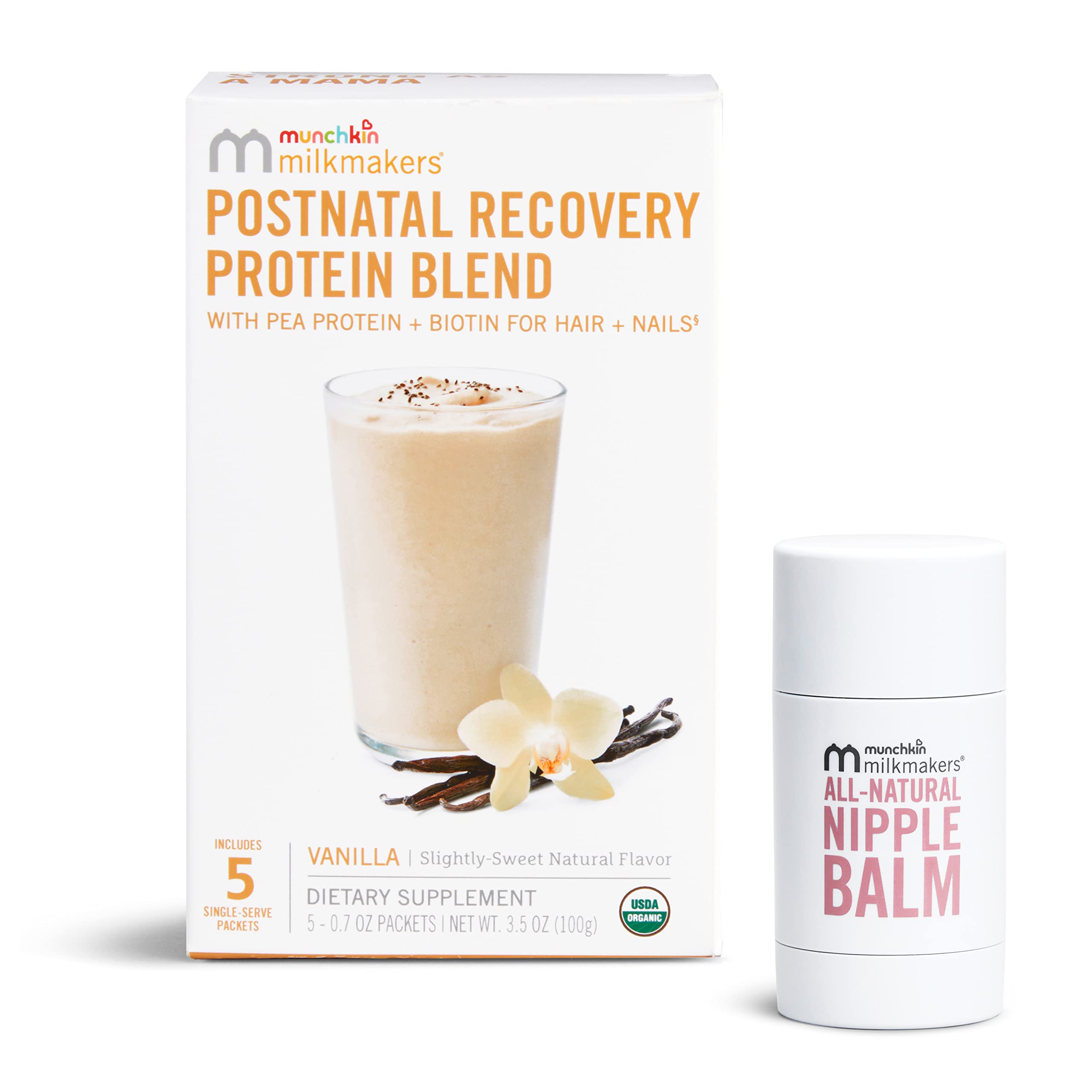 Munchkin® Milkmakers® Nipple Balm and Postnatal Recovery Protein Powder, With Pea Protein, Lactation Support, and Biotin for Postpartum Support, Vanilla, 5 Count